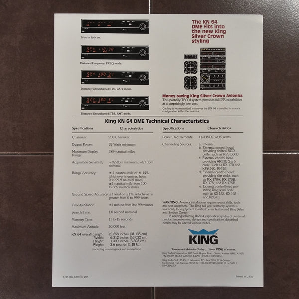 Original King KN 64 DME Single page Sales Brochure, 8.5 x 11". – G's ...