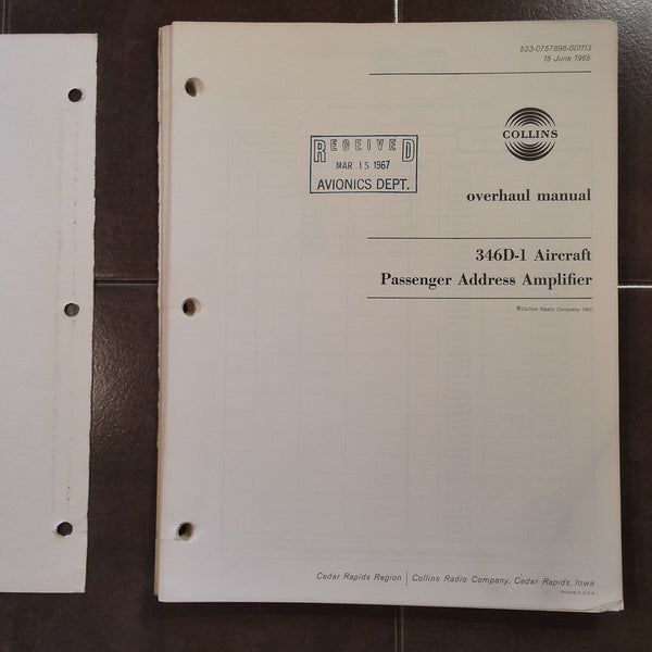 Collins 346D-1 Aircraft Passenger Address Amplifier Overhaul Manual ...