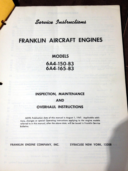 Franklin 6A4-150-B3 & 6A4-165-B3 Aircraft Engine Service & Overhaul Ma ...