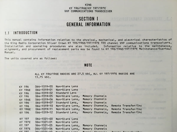 King KY-196, 196E, 197, and 197E Install Manual. – G's Plane Stuff