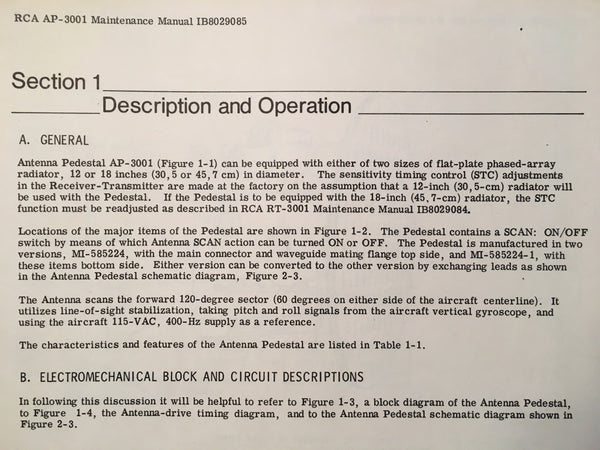 RCA Avionics AP-3001 Radar Antenna Pedestal Service & Parts Manual. – G ...