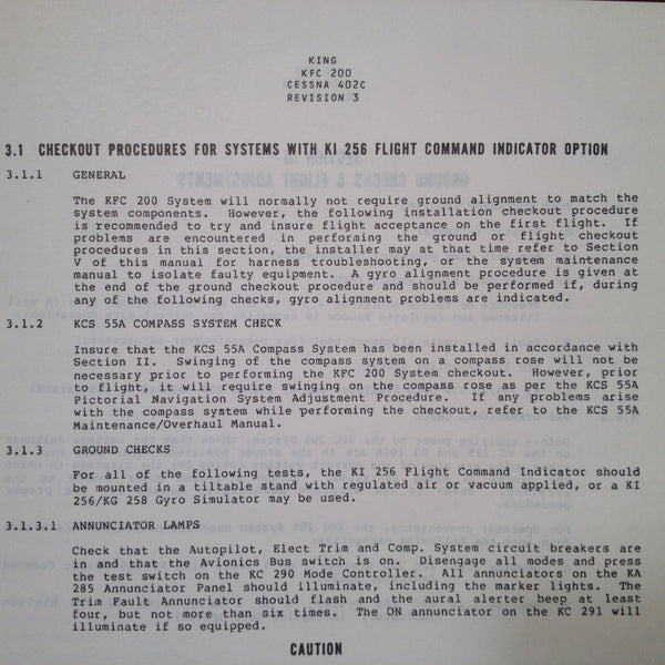 KFC 200 autopilot in Cessna 402C Service Manual. – G's Plane Stuff