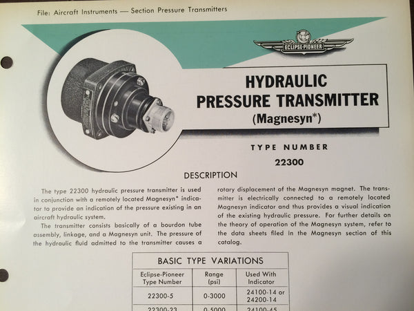 Bendix Eclipse Pioneer Hydraulic Pressure Transmitter Magnesyn Type 22 ...