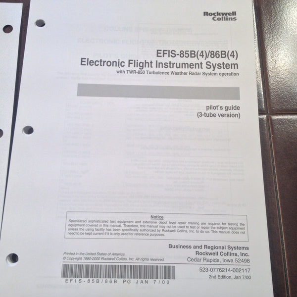 Collins EFIS-85B(4) and EFIS- 86B(4) 3 tube w TWR-850 Radar Pilot's Gu ...