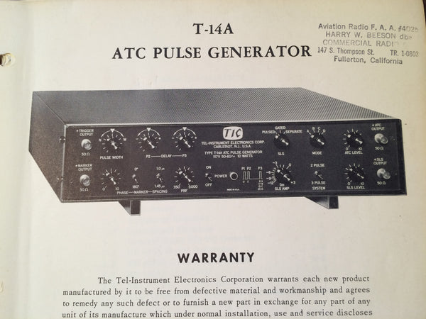 TIC Tel-Instrument T-14A Generator Ops, Maintenance & Parts Manual. Ci ...