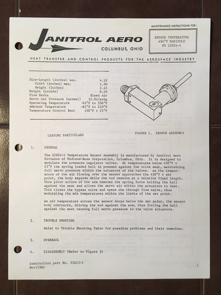Janitrol Sensor Temperature 450F Manifold 22E24-1 Maintenance Instruct ...