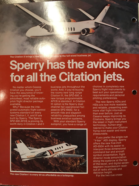 Sperry Avionics in Citations Original Sales Brochure, 3 page Tri-Fold ...