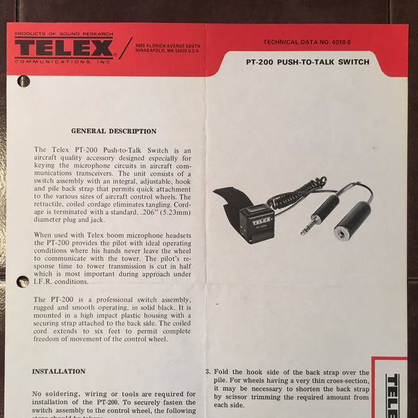Telex PT-200 PTT Switch Tech Data Sheet. – G's Plane Stuff