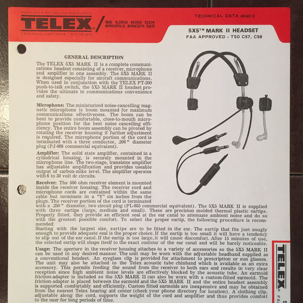 Telex 5X5 Mark II Headset Technical Data Sheet. – G's Plane Stuff
