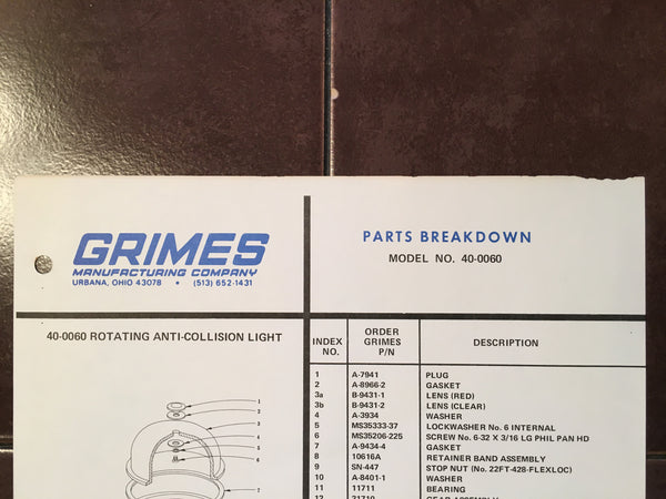 Grimes 40-0060 Parts Breakdown Instruction Sheet. – G's Plane Stuff