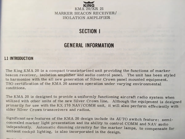 King Radio KMA-20 Audio & KR-21 Marker Install Manual. – G's Plane Stuff